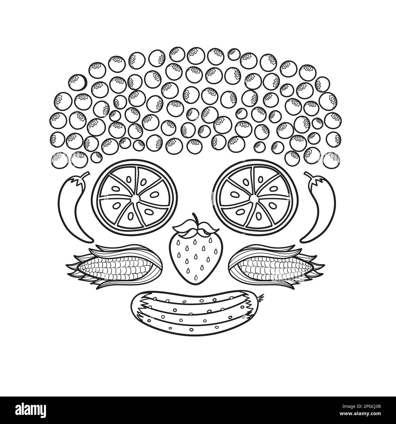 Visage noir et blanc de fruits et légumes. Page de coloriage saine drôle Image Vectorielle Stock ...
