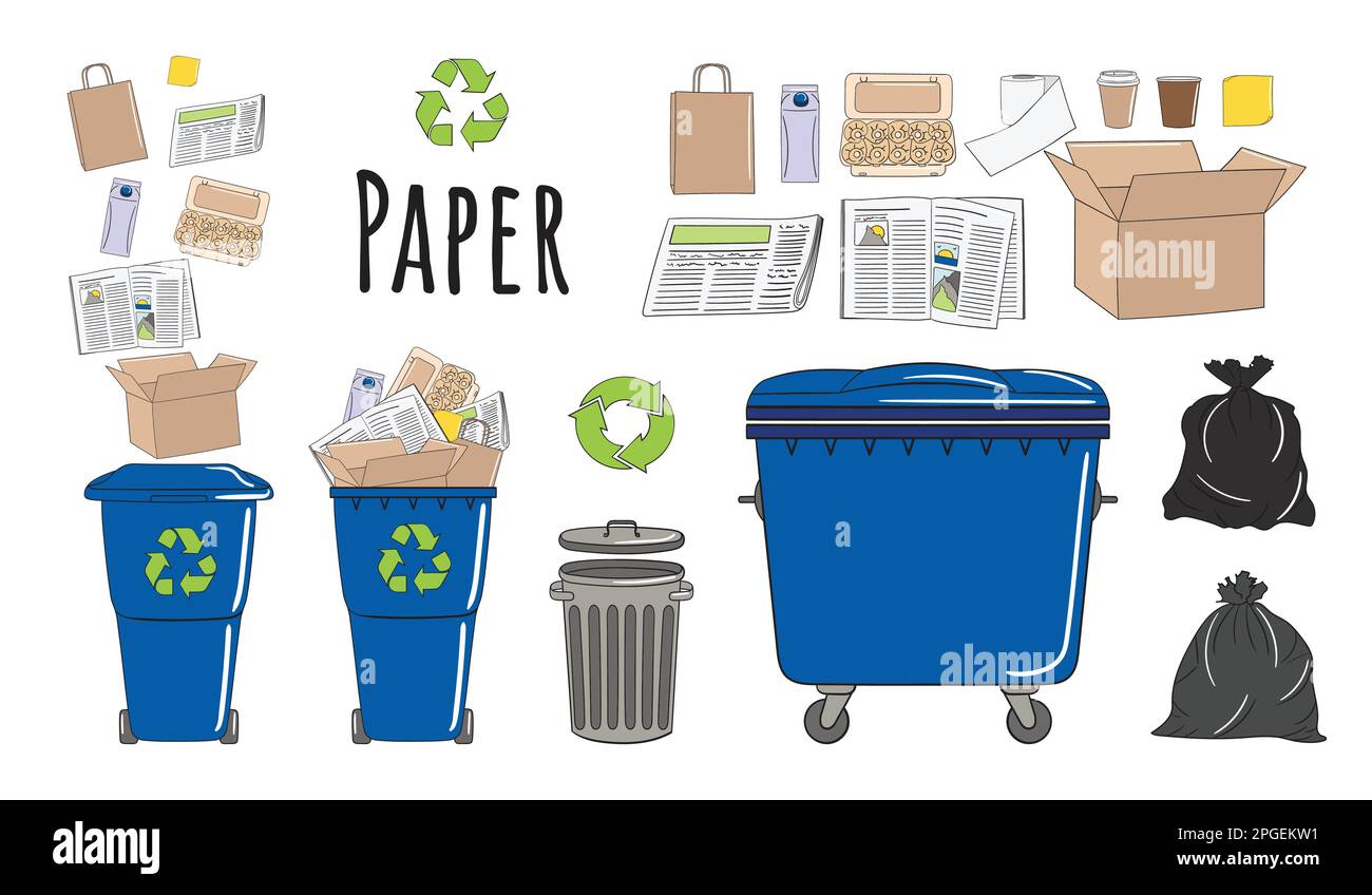 Ensemble de poubelles avec des ordures en papier. Recyclez les ...