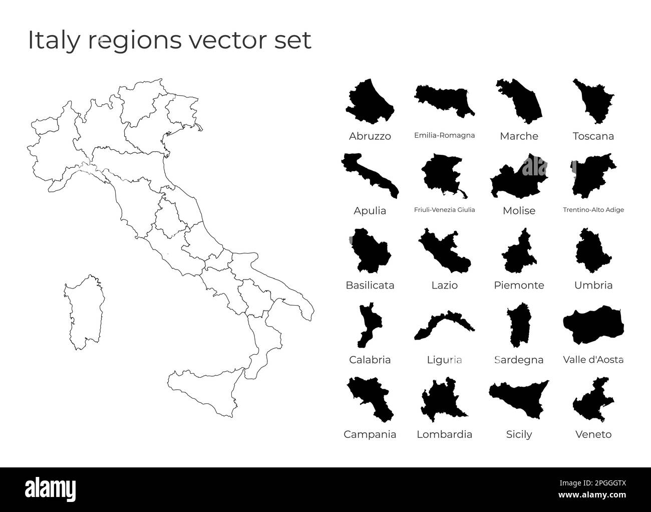 Carte de l'Italie avec les formes des régions. Carte vectorielle vierge ...