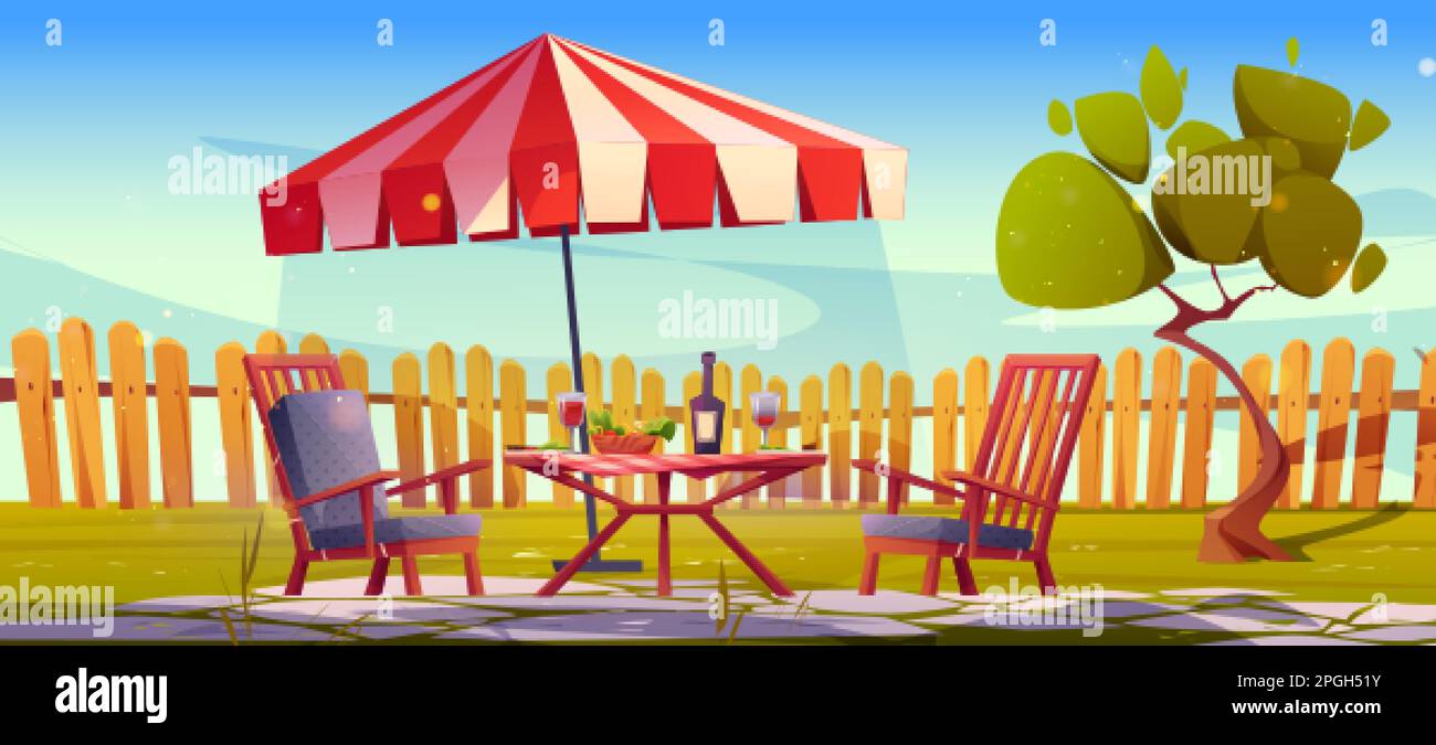 Jardin avec table et bouteille de vin, fond de dessin animé vectoriel ...