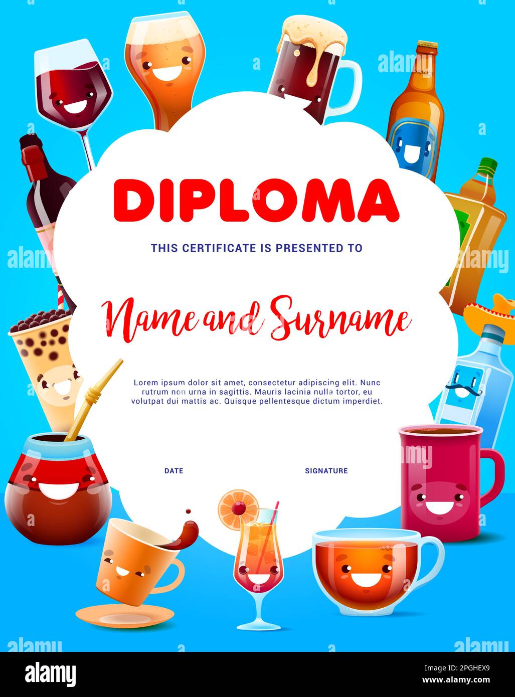 Diplôme de sommelier et de dégustateur avec des personnages de boissons ...