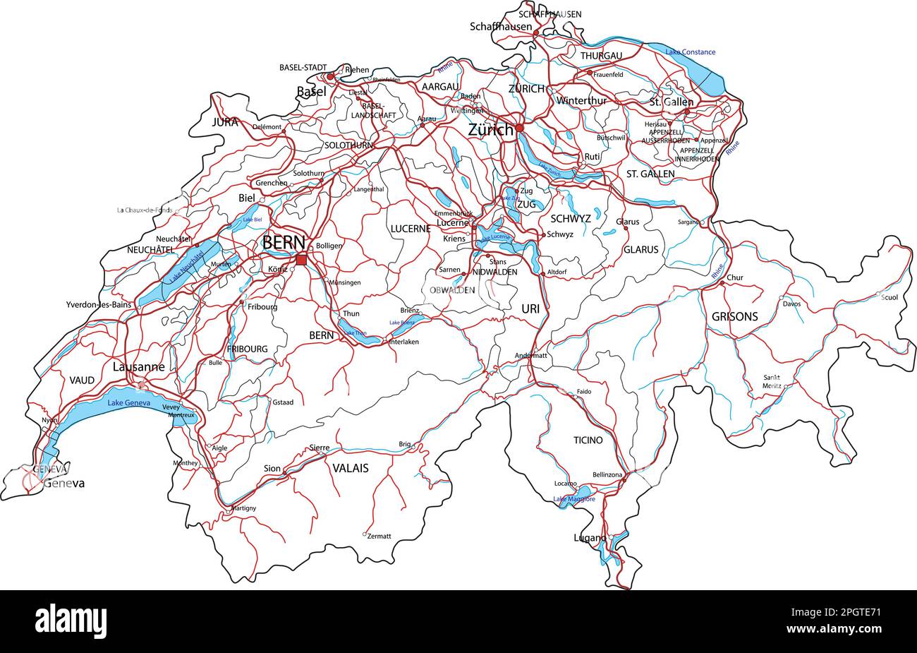 Carte routière et routière de la Suisse. Illustration vectorielle Image Vectorielle Stock - Alamy