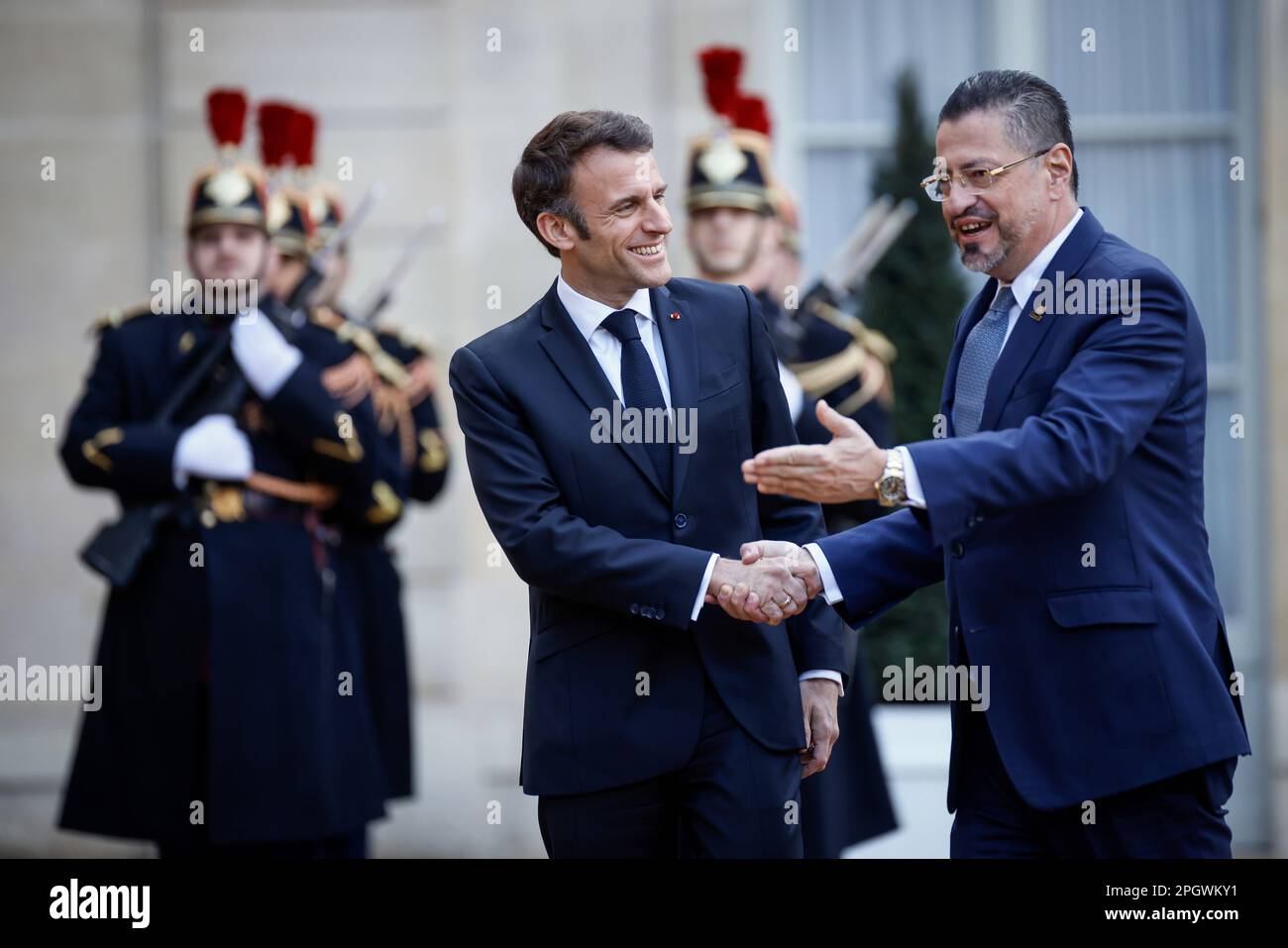 French President Emmanuel Macron, left, welcomes President of Costa ...