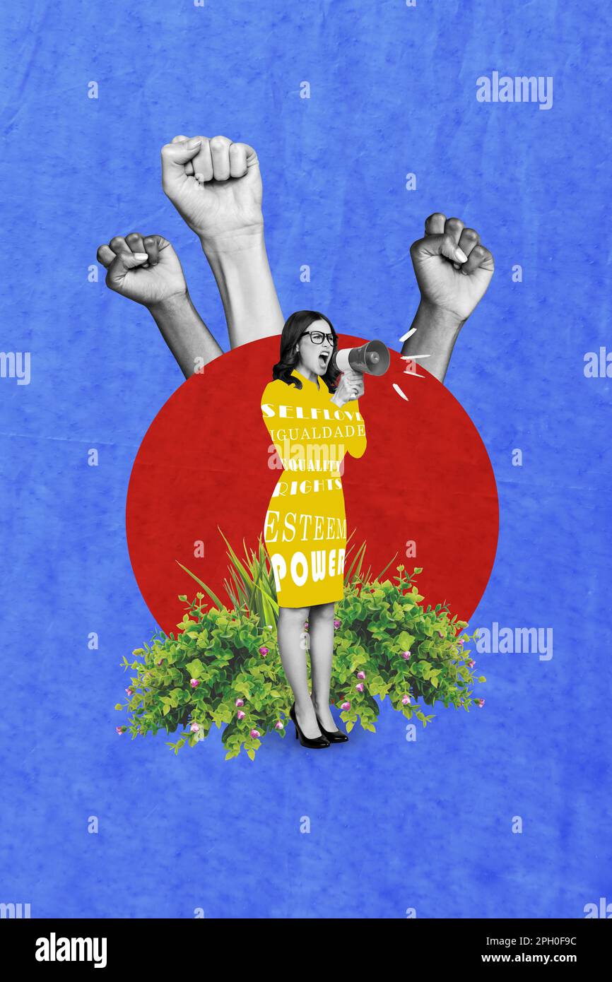 Modèle créatif de collage de la militante sérieuse en colère dame hurle ...