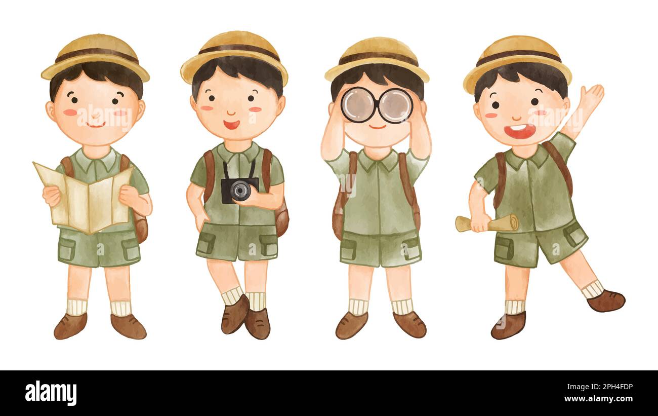 Collection de scouts avec combinaison de randonnée . Peinture aquarelle ...