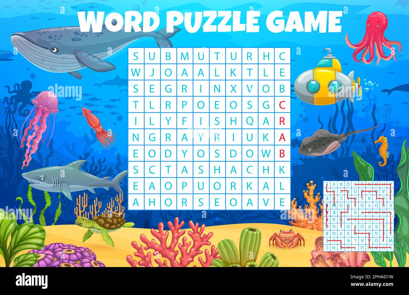 Dessin animé paysage sous-marin et animaux, jeu de puzzle de recherche ...