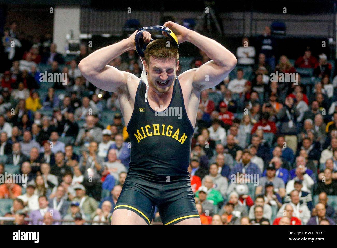 FILE - Michigan's Mason Parris reacts after defeating Penn State's Greg ...