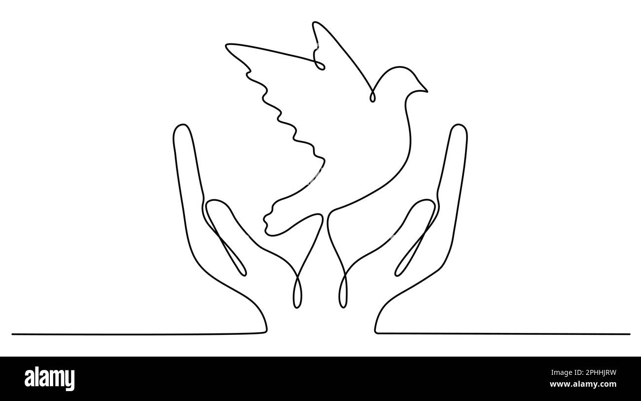 Main à dessin en ligne continue avec oiseau volant. Symbole linéaire de ...