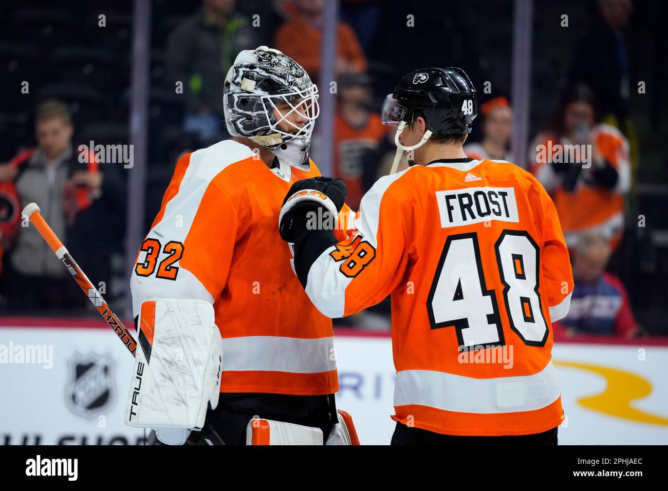 Philadelphia Flyers' Felix Sandstrom, left, and Philadelphia Flyers ...
