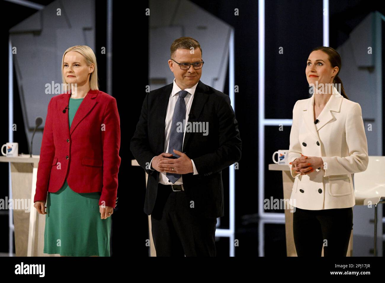 Chairperson of the True Finns Party Riikka Purra, left, chairperson of ...