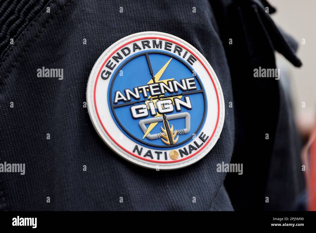 Badge on a uniform of a GIGN member during a ceremony in tribute to ...