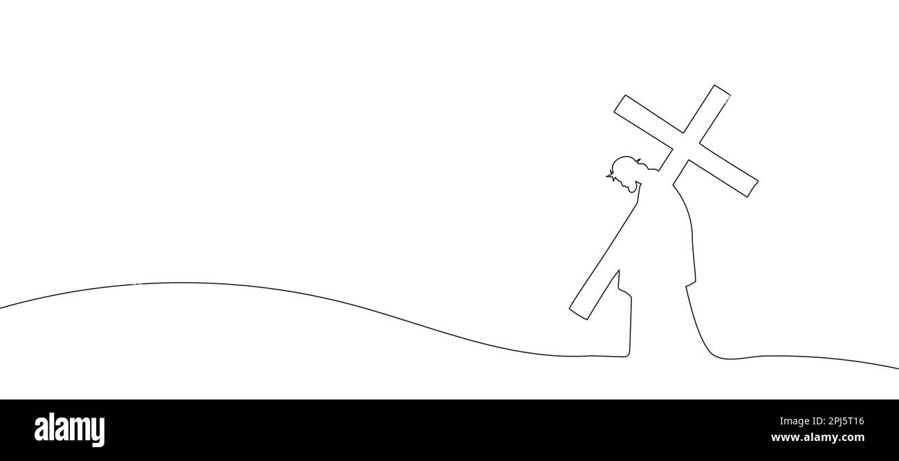 dessin de jésus-christ portant la croix tracée ligne continue ...
