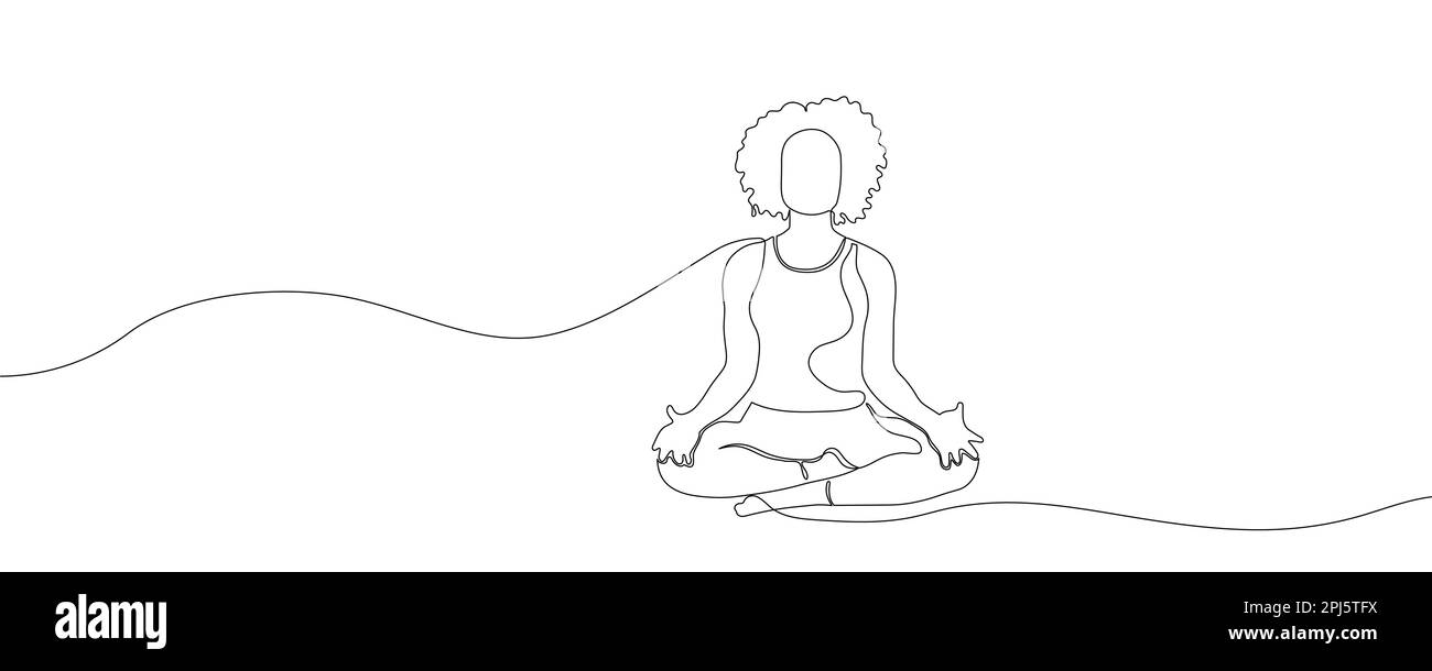 Femme assise dans la posture du yoga lotus. Tracé continu d'une ligne ...