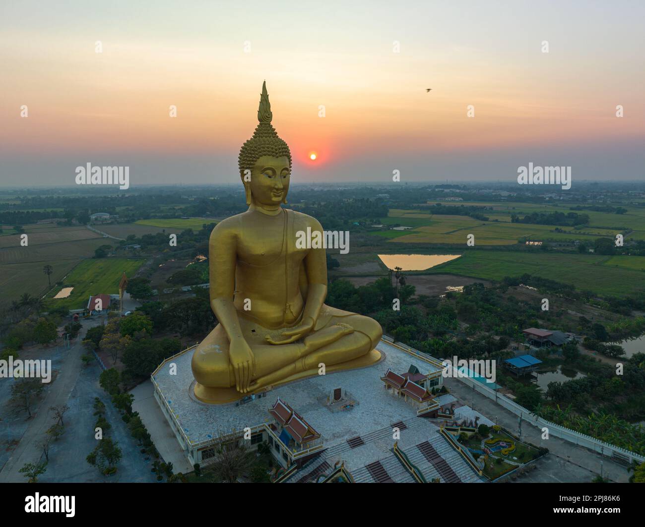 Coucher de soleil sur le paysage derrière le grand Bouddha doré de la ...