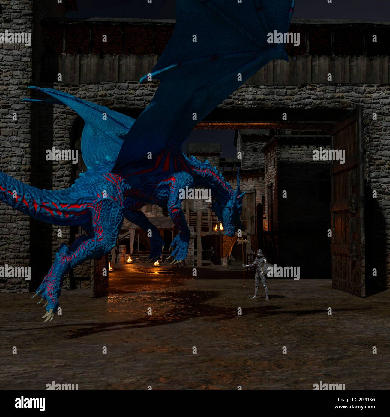 Chevalier combattant un dragon défend un village médiéval. Période ...