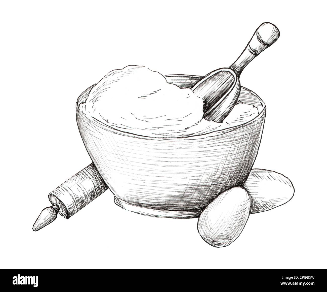 Dessin graphique d'un bol de farine. RollPIN en bois pour la pâte, les ...