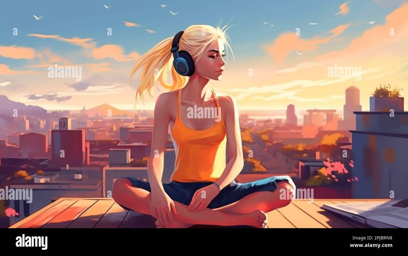 Une Belle Fille Dans Le Casque écoute La Musique En Appréciant Elle