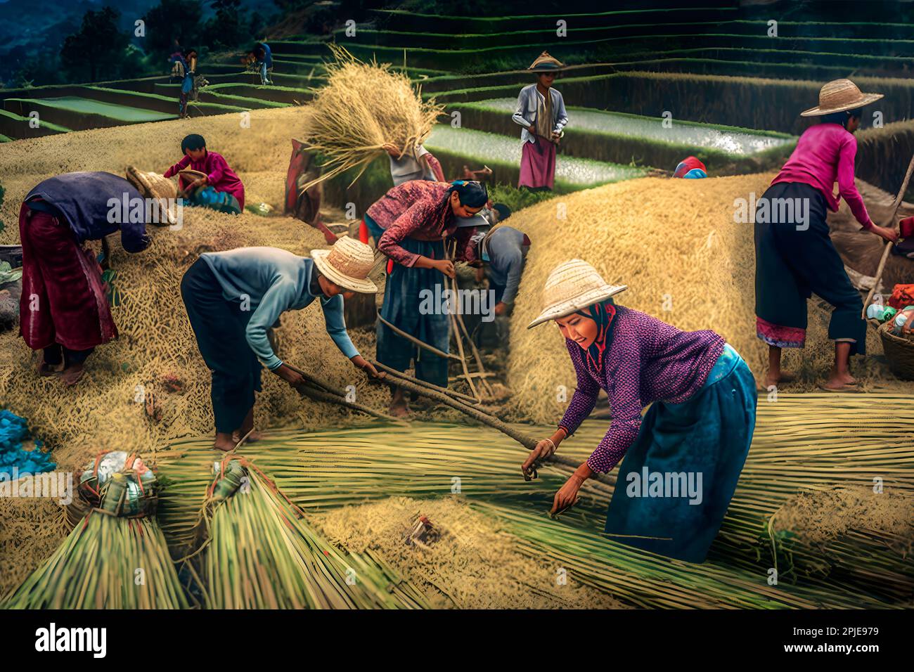 Les agriculteurs plantent du riz dans la ferme. Les agriculteurs se ...