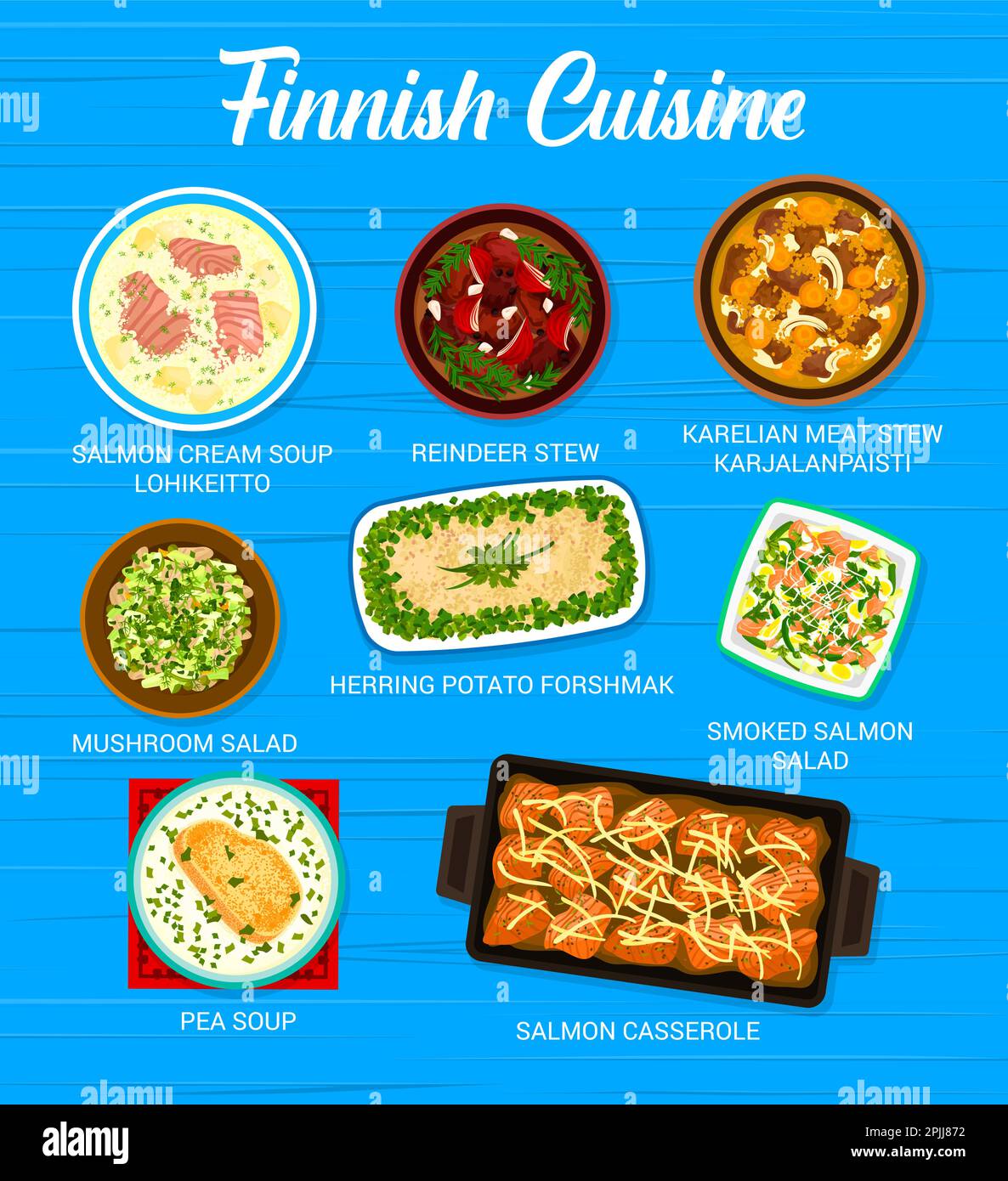 Cuisine finlandaise restaurant menu. Potages de Lohikeitto et de pois ...