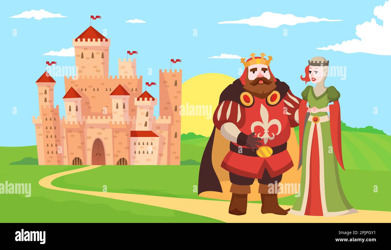 Château médiéval avec roi et reine. Palais de conte de fées avec tours ...