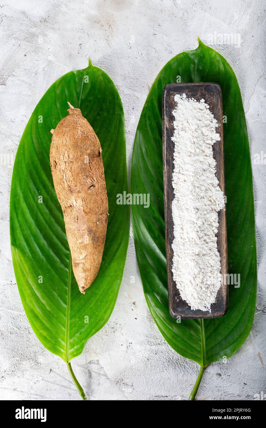 Pile de racine de manioc et de farine de manioc sur fond texturé gris ...