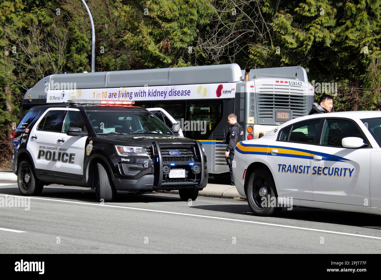 Police officers work at the scene of a stabbing on board a transit bus ...