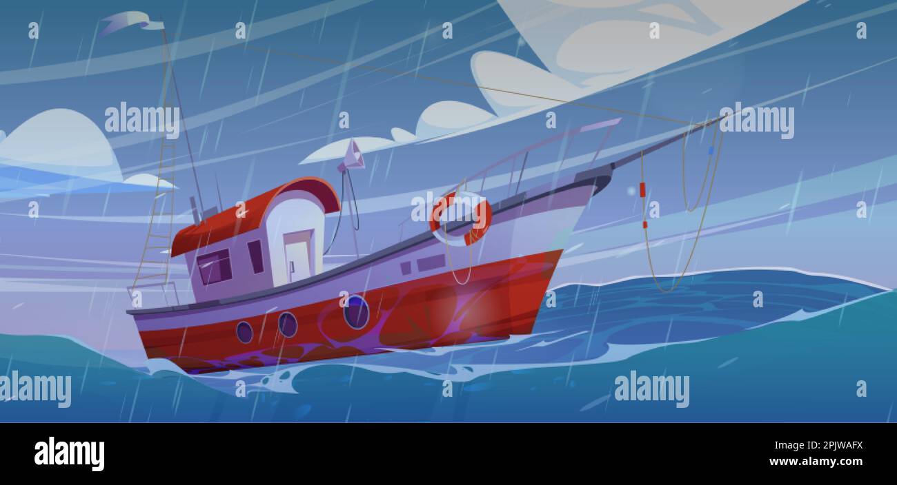 Bateau à moteur flottant sur les vagues de l'océan. Dessin animé ...