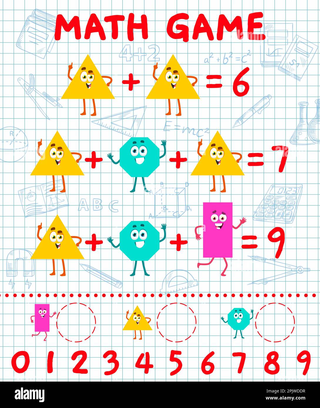 Jeu de mathématiques. Personnages de forme de dessin animé. Feuille de ...