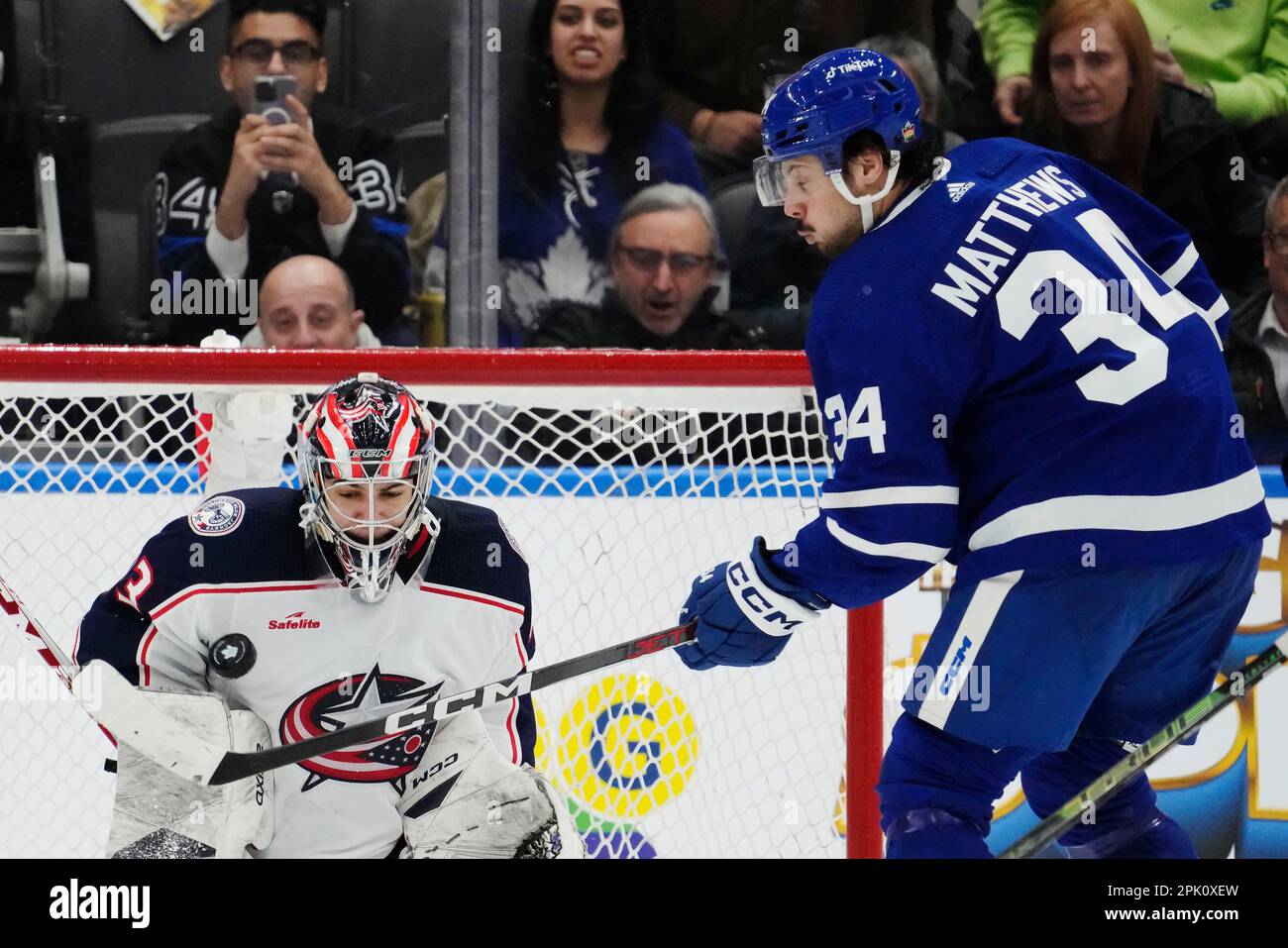 Columbus Blue Jackets goaltender Jet Greaves makes a save on Toronto ...