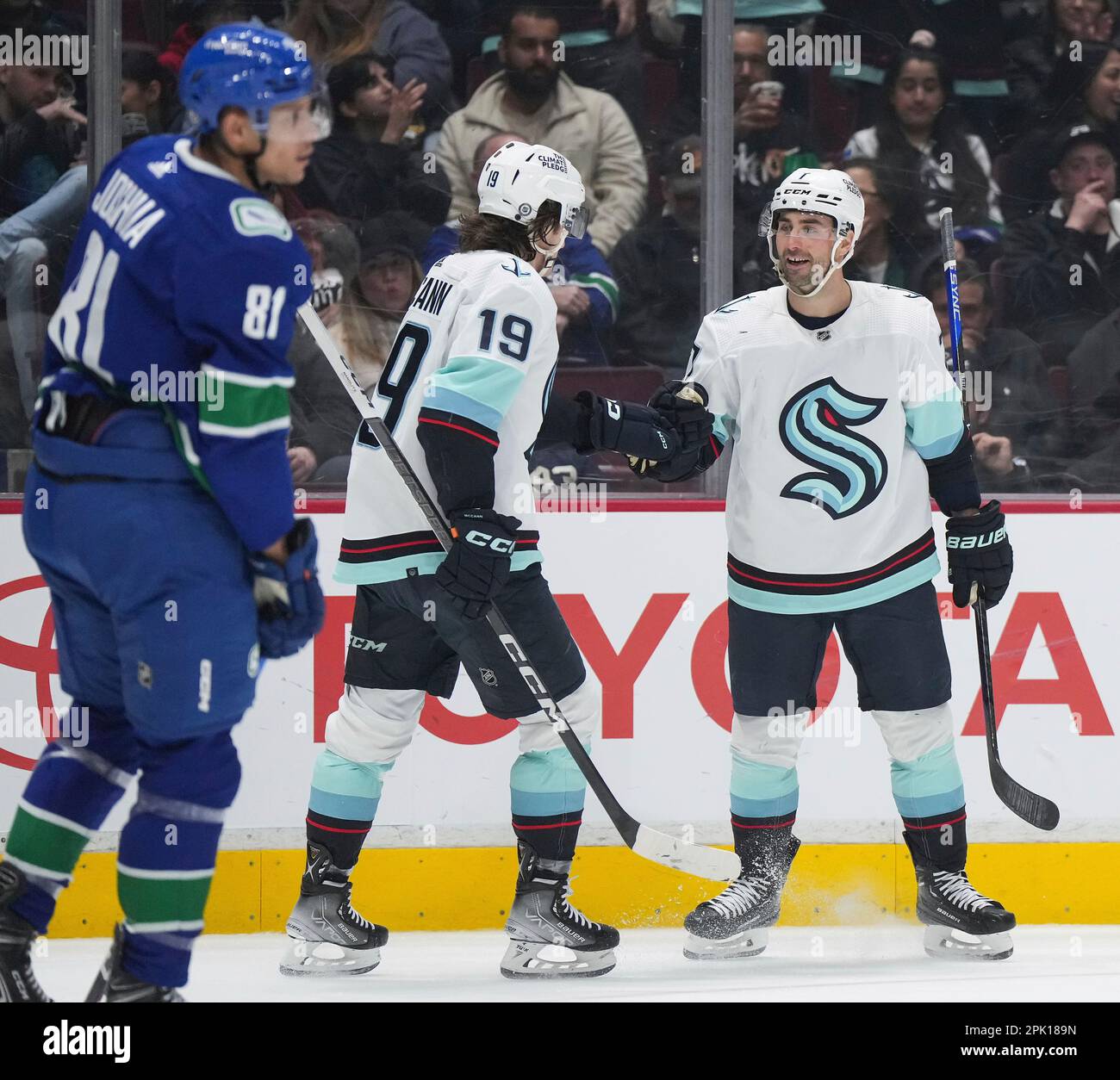 Seattle Kraken's Jordan Eberle, right, and Jared McCann celebrate ...