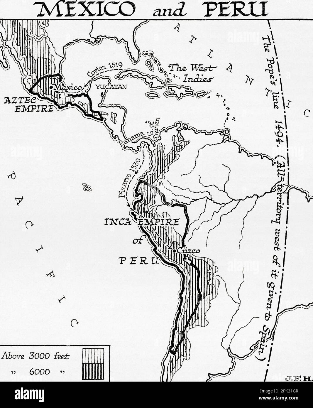 Carte du Mexique et du Pérou, montrant l'Empire aztèque et l'Empire ...