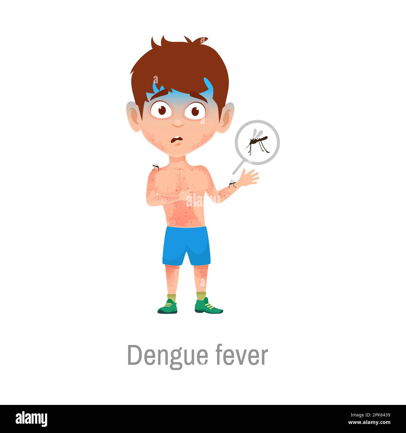 Enfant atteint de la dengue. Vecteur isolé malade petit garçon avec des ...