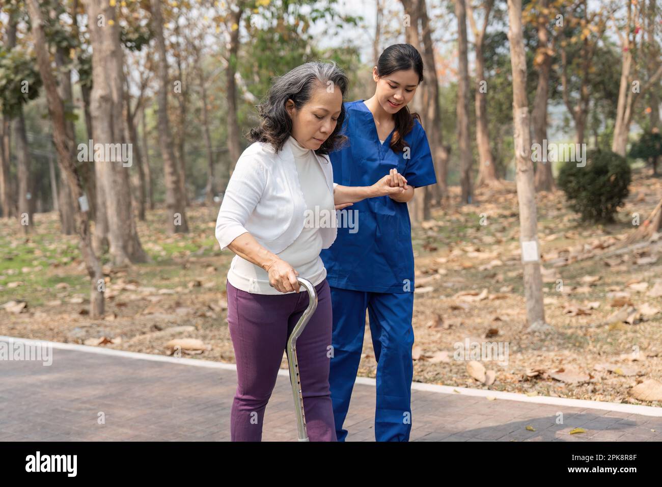 Infirmière aidant une femme âgée avec une marcheuse infirmière tenant ...