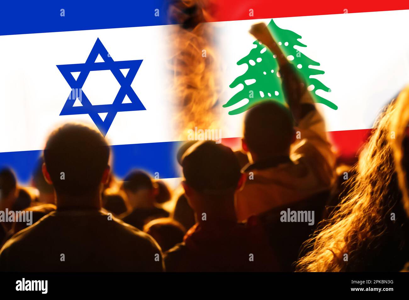 Israël la guerre du Liban. Drapeaux d'Israël et de la Palestine. Concept du conflit entre Israël ...