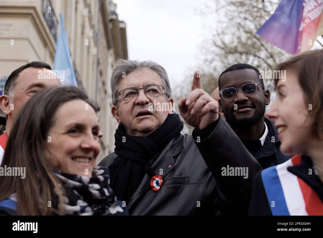 Paris, France. 6th avril 2023. Jean-Luc Mélenchon (LFI) assiste à la ...