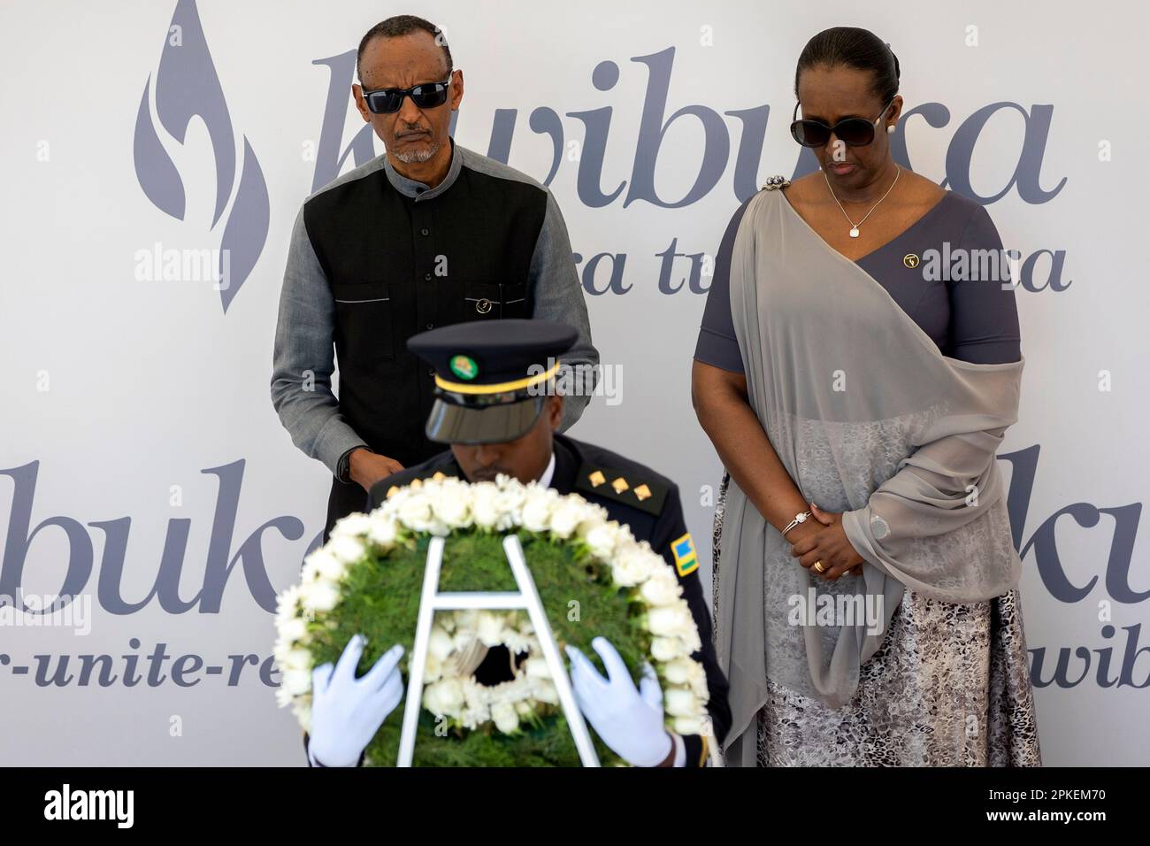 Rwanda's president Paul Kagame, left, and his wife Jeannette Kagame ...