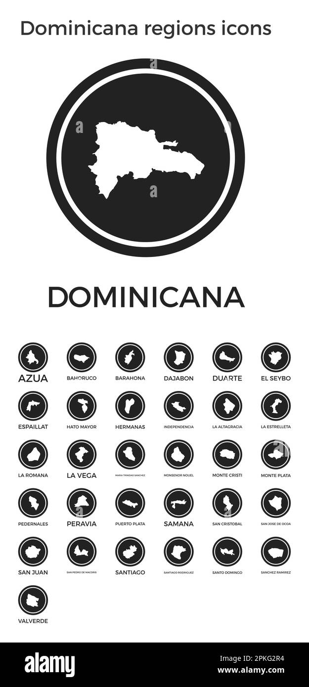 Icônes des régions de Dominicana. Logos ronds noirs avec cartes et ...