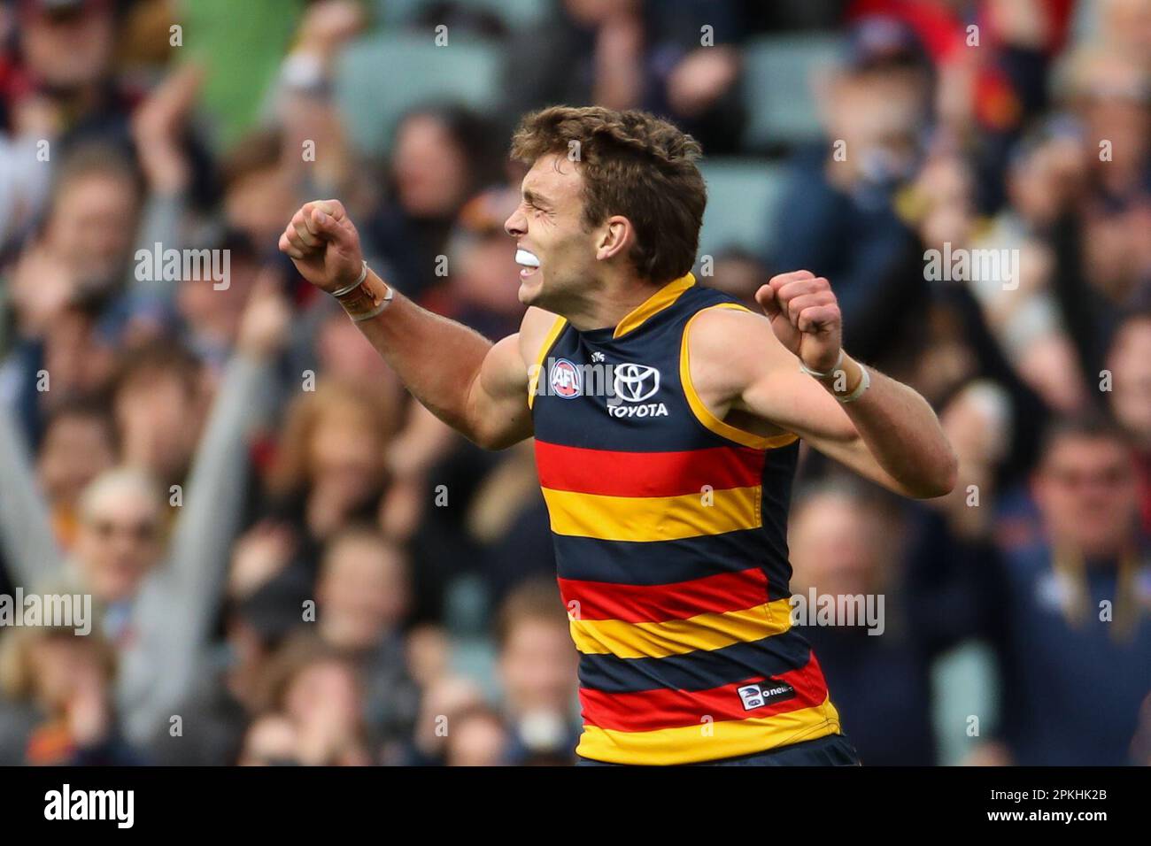 Riley Thilthorpe of the Crows célèbre un but lors du match de l'AFL ...