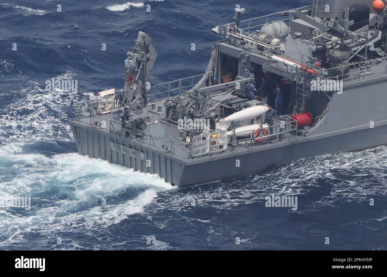 An aerial photo taken from Yomiuri's jetliner shows a mine sweeper ...