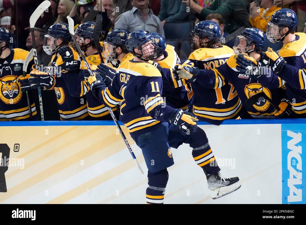 Quinnipiac forward Collin Graf (11) celebrates with the bench after ...