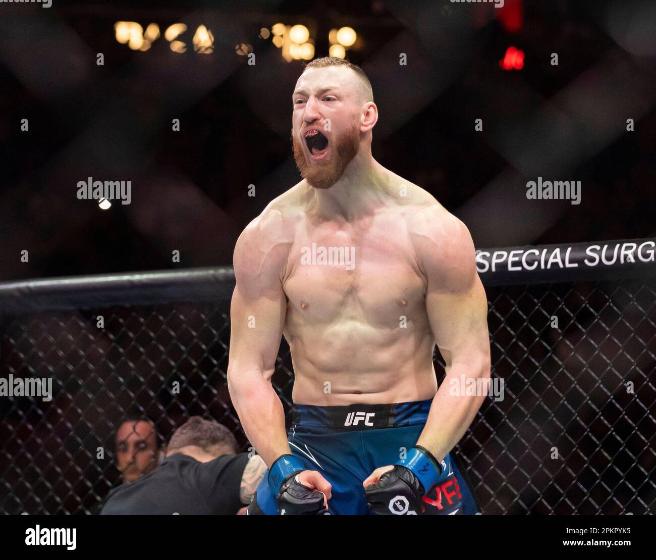 Joe Pyfer reacts after defeating Gerald Meerschaert in their ...
