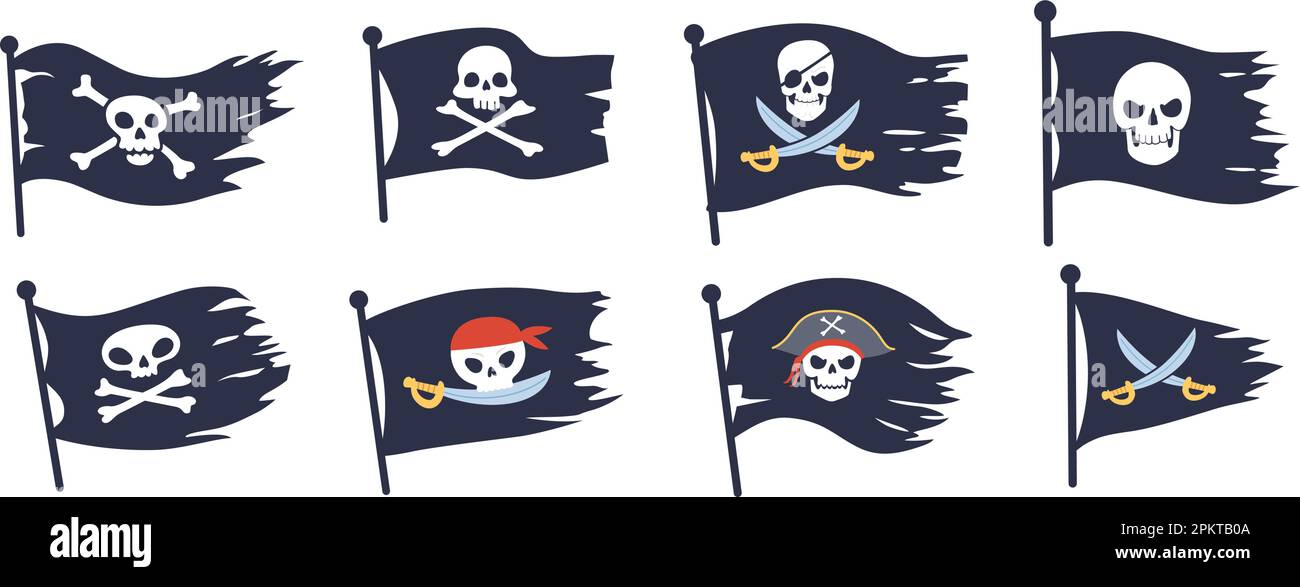 Drapeau Jolly roger. Drapeaux noirs de pirate avec crâne et crossbone ...