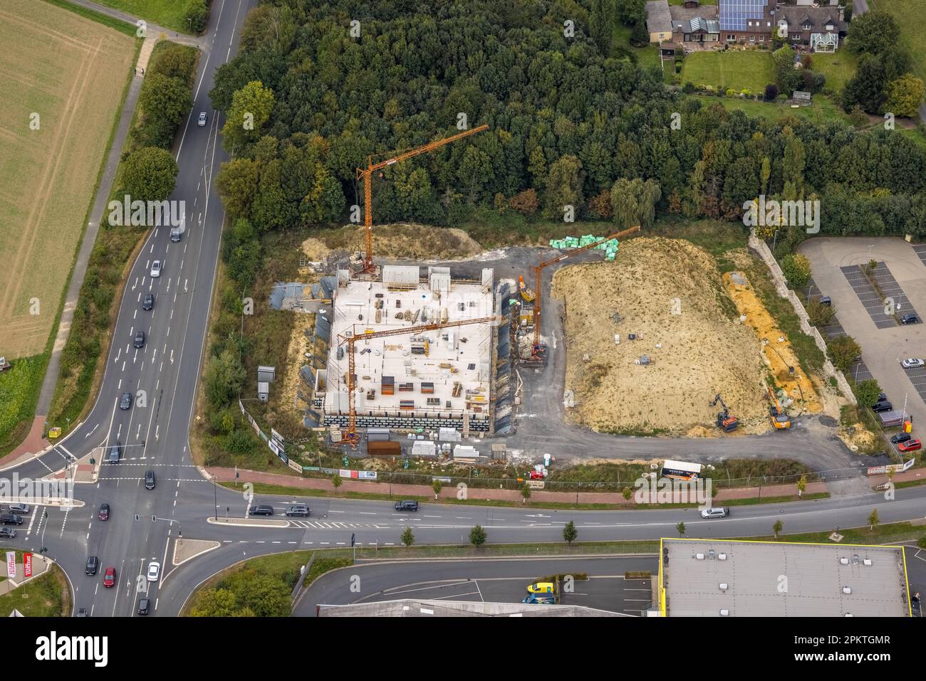 Vue aérienne, zone de construction nouveau bâtiment pour la Mensing ...