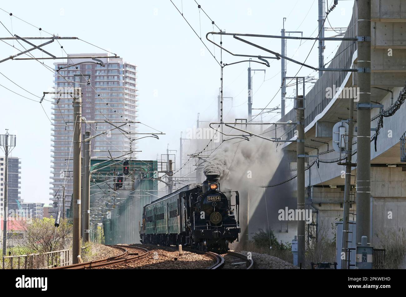 The SL Hitoyoshi runs in Tosu City, Saga Prefecture on April 8, 2023 ...