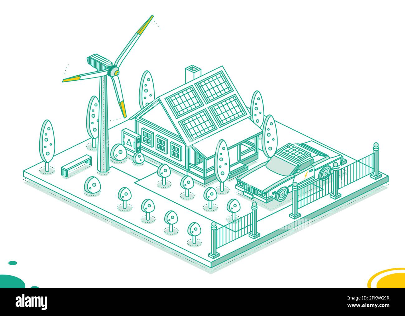Smart House isométrique avec panneaux solaires, turbine éolienne et ...