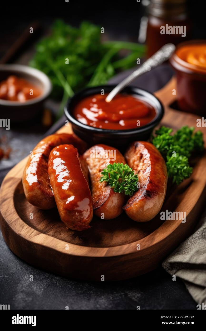 Collection de différents types de saucisses allemandes de porc et de veau à la sauce moutarde ...