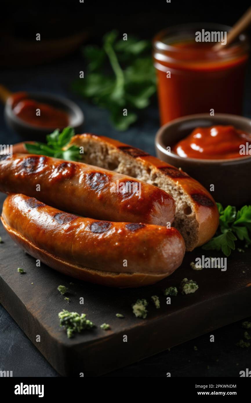 Collection de différents types de saucisses allemandes de porc et de veau à la sauce moutarde ...