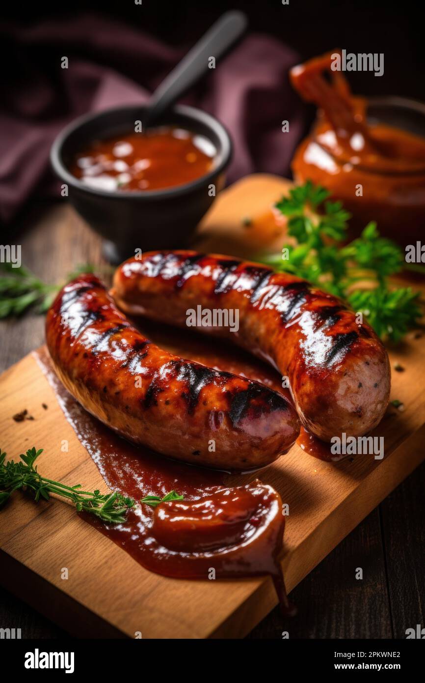 Collection de différents types de saucisses allemandes de porc et de veau à la sauce moutarde ...