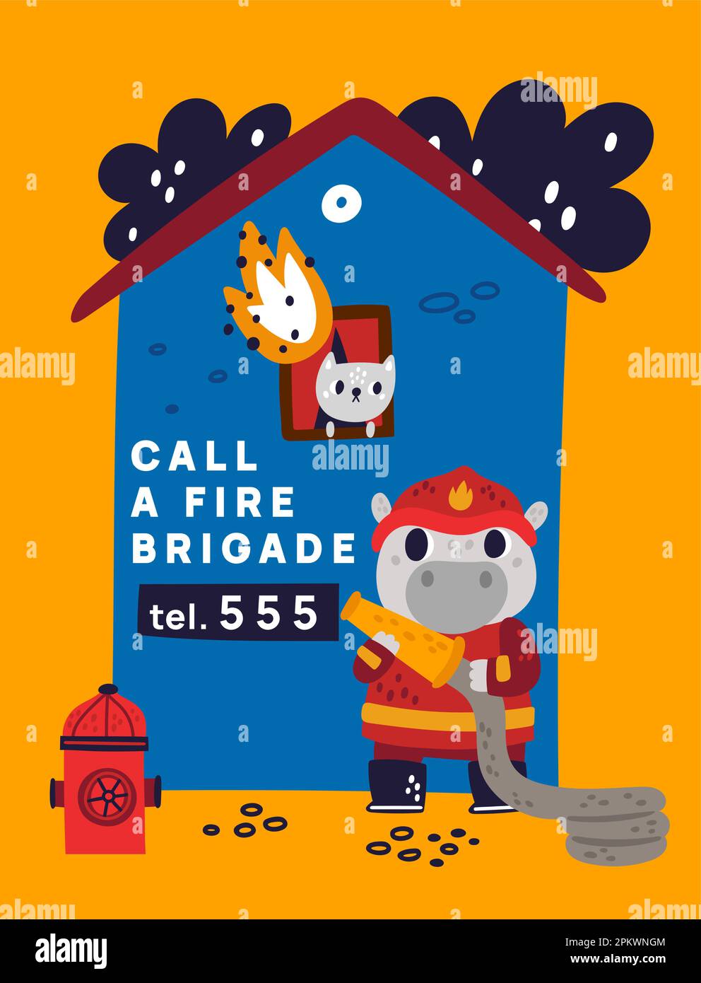 Carte des pompiers. Les animaux de dessin animé éteignent la maison en feu. Hippo sauve le chat ...