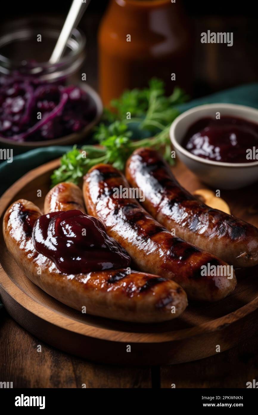 Collection de différents types de saucisses allemandes de porc et de veau à la sauce moutarde ...